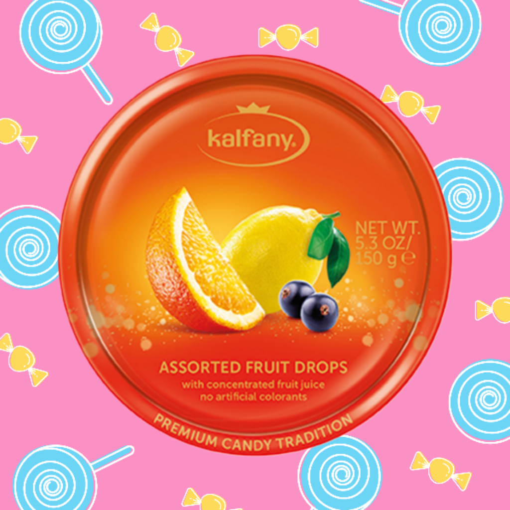 Buy Kalfany Assorted Fruit Drops Tin 150g at SnacksOnline.co.uk